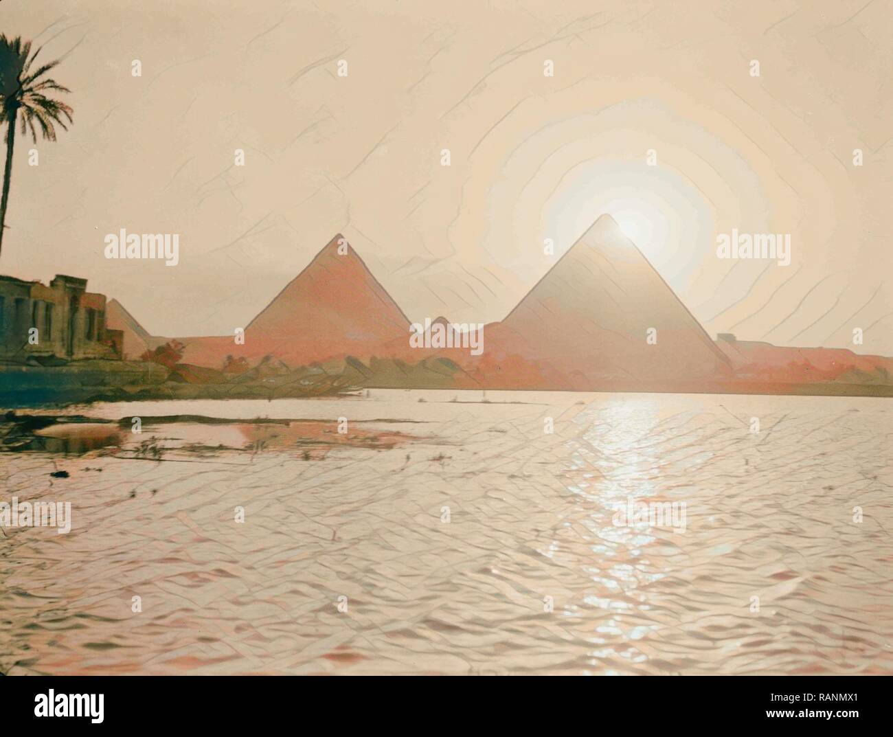 Cairo and district, Egypt. Silhouette of the pyramids. Sinking sun ...