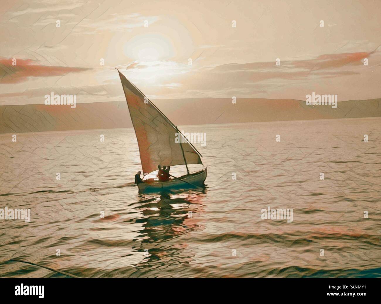 And there was a great calm. Sailing boat at sunrise. 1934, Middle East ...