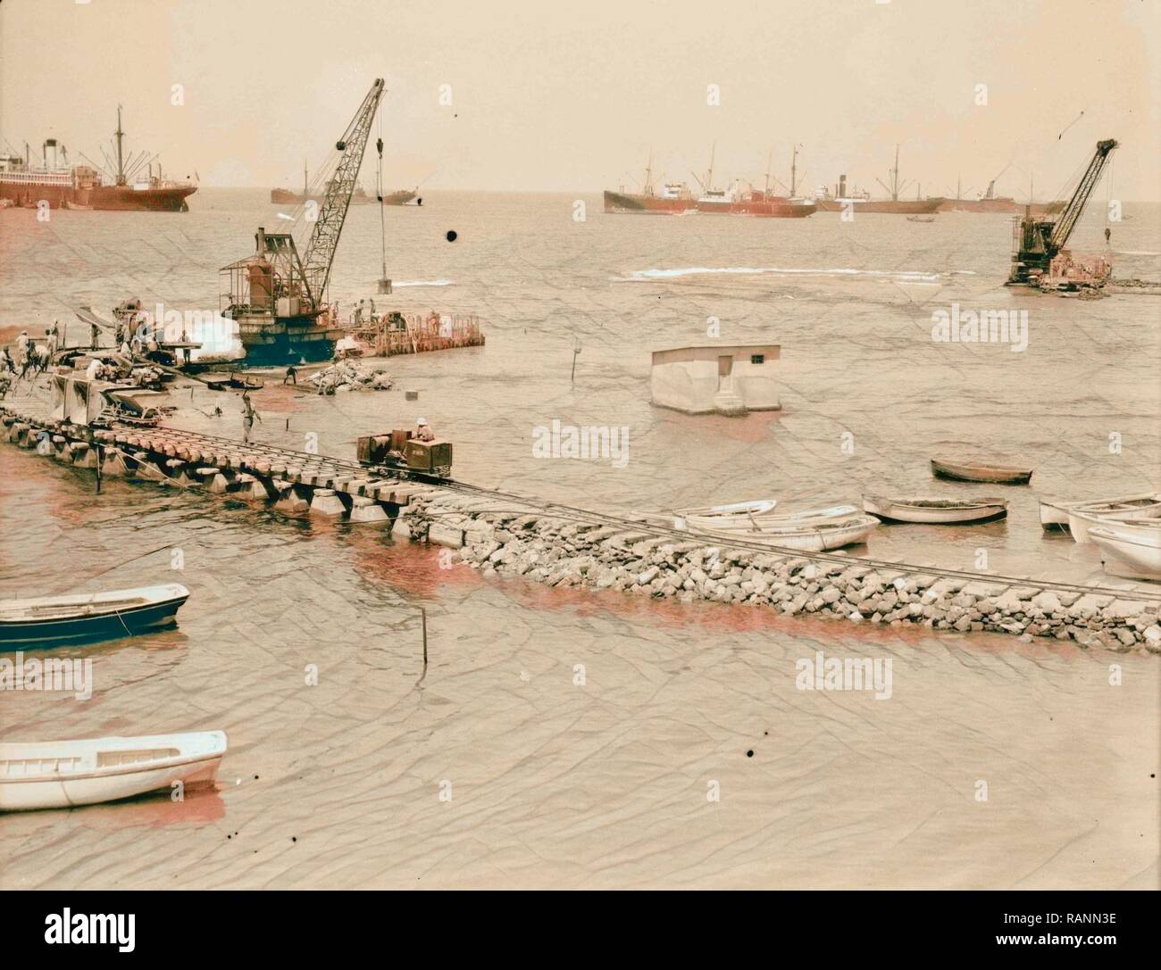 Jaffa quay in construction. 1934, Israel, Tel Aviv. Reimagined by Gibon ...