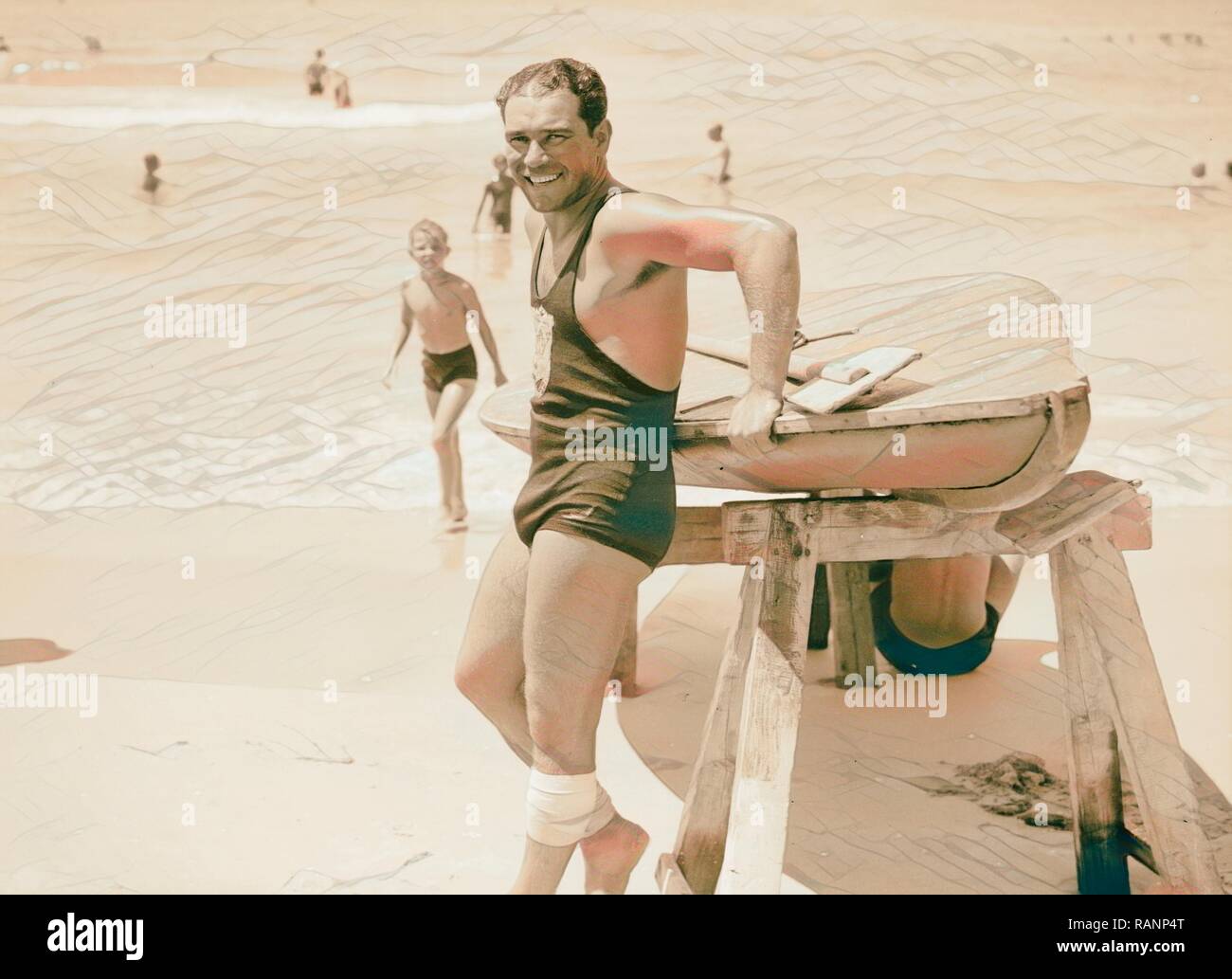 A lifeguard on a Tel Aviv beach. 1934, Israel, Tel Aviv. Reimagined by ...
