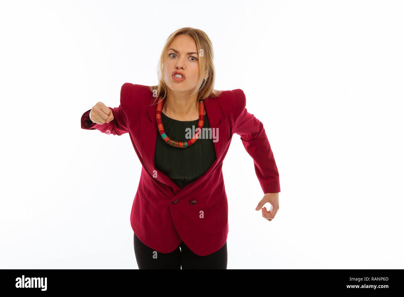 Cheerless emotional unhappy woman shouting at you Stock Photo - Alamy