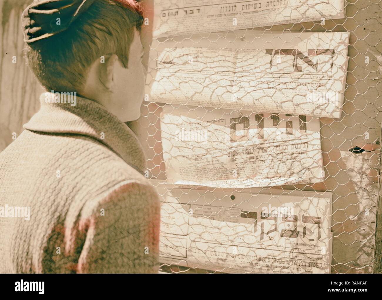 Jewish types. Jewish boy reading notices in Hebrew 1934, Israel ...