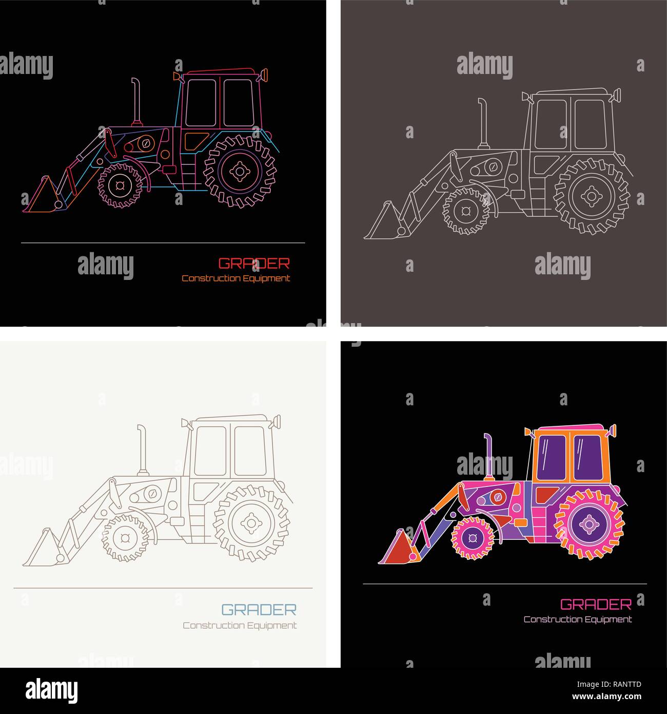 The Grader (Construction Equipment). Four options of the line art ...