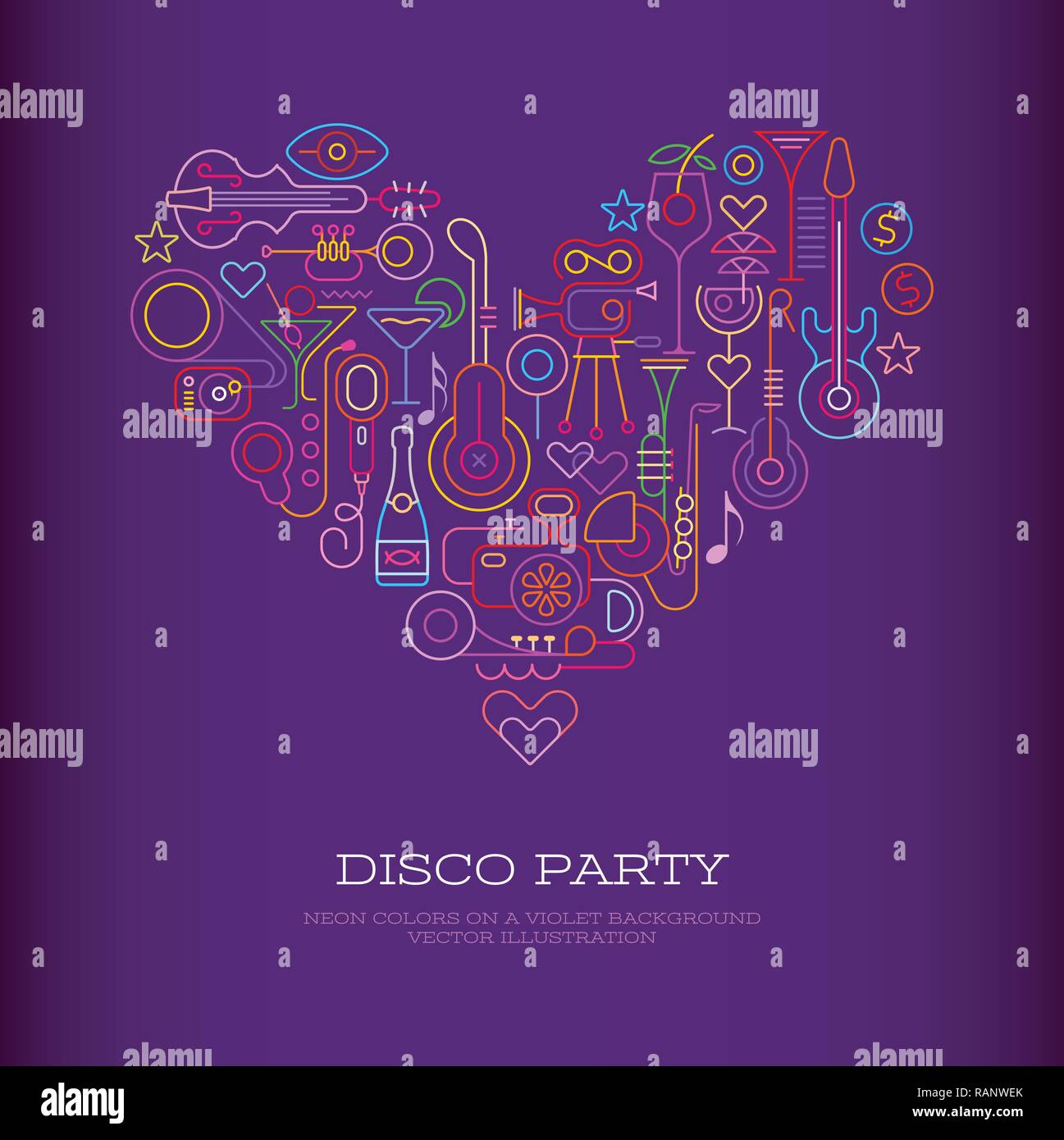 Neon colors on a dark violet background Disco Party Heart vector ...