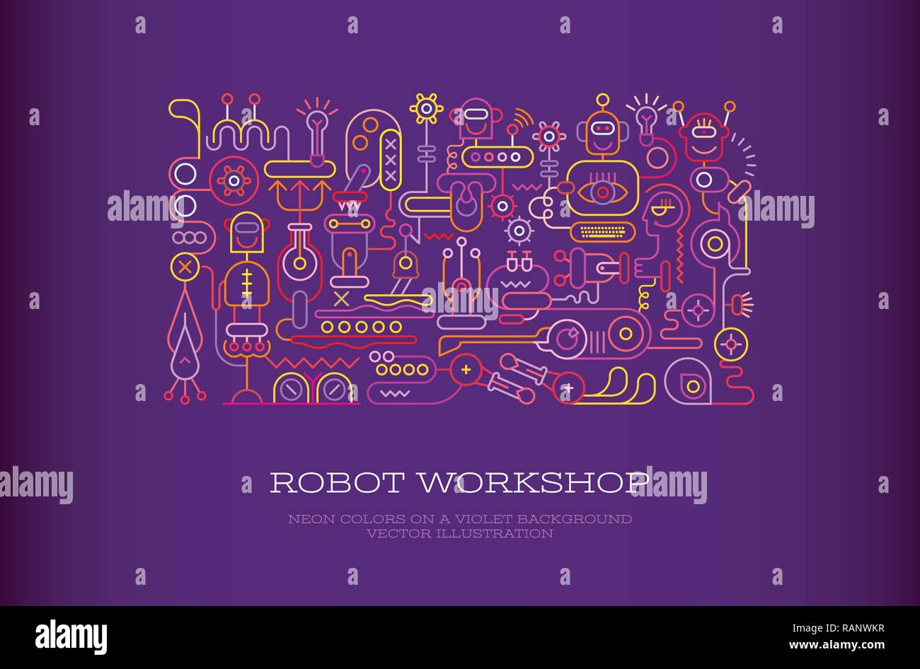 Neon colors on a dark violet background Robot Workshop vector banner ...