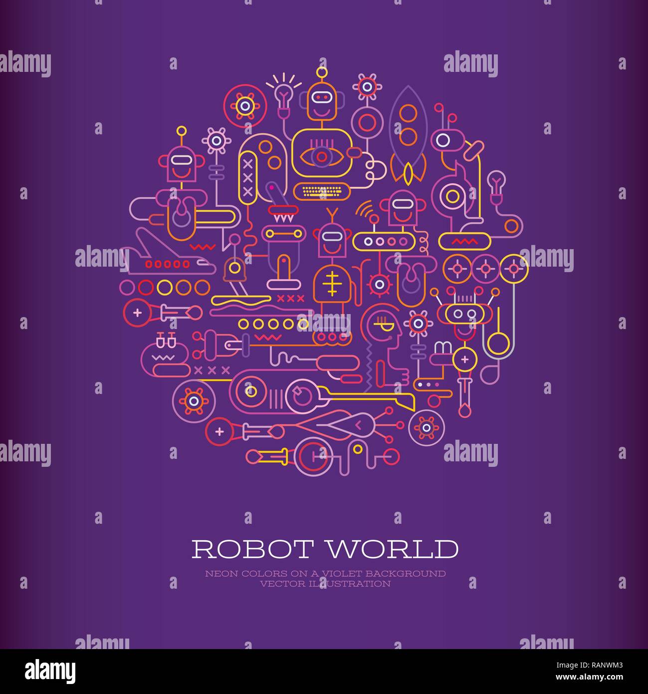 Vibrant colors on a dark violet background Robot World round shape ...