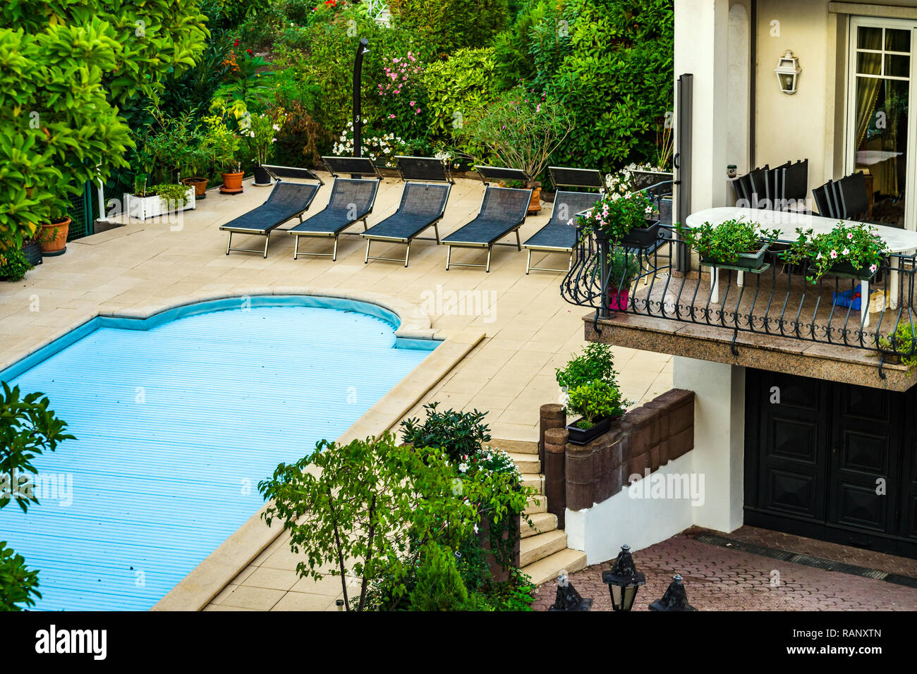 Private swimming pool aerial view, summer time, overview Stock Photo ...