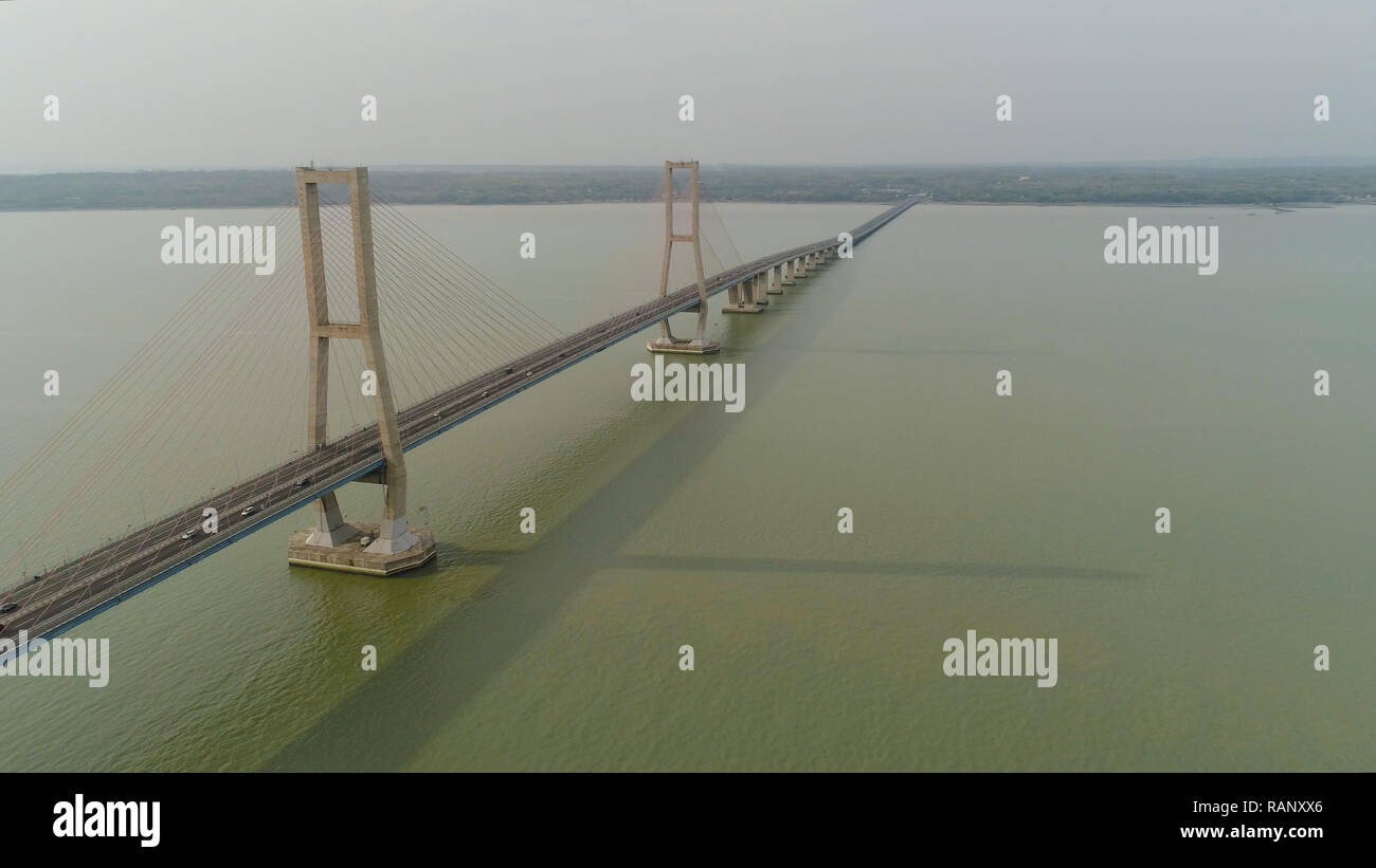 aerial view suspension cable bridge Suramadu over madura strait ...