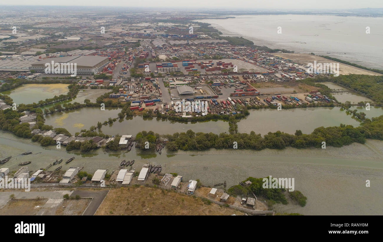 aerial view container terminal port surabaya. cargo industrial port ...