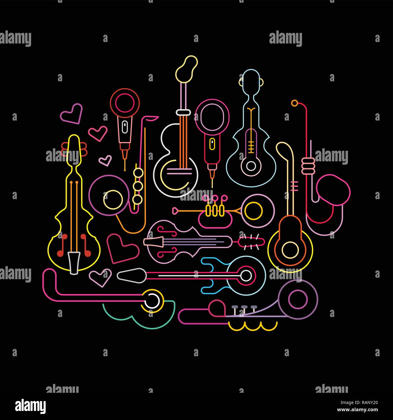 Neon colors on a black background Musical Instruments Design vector ...
