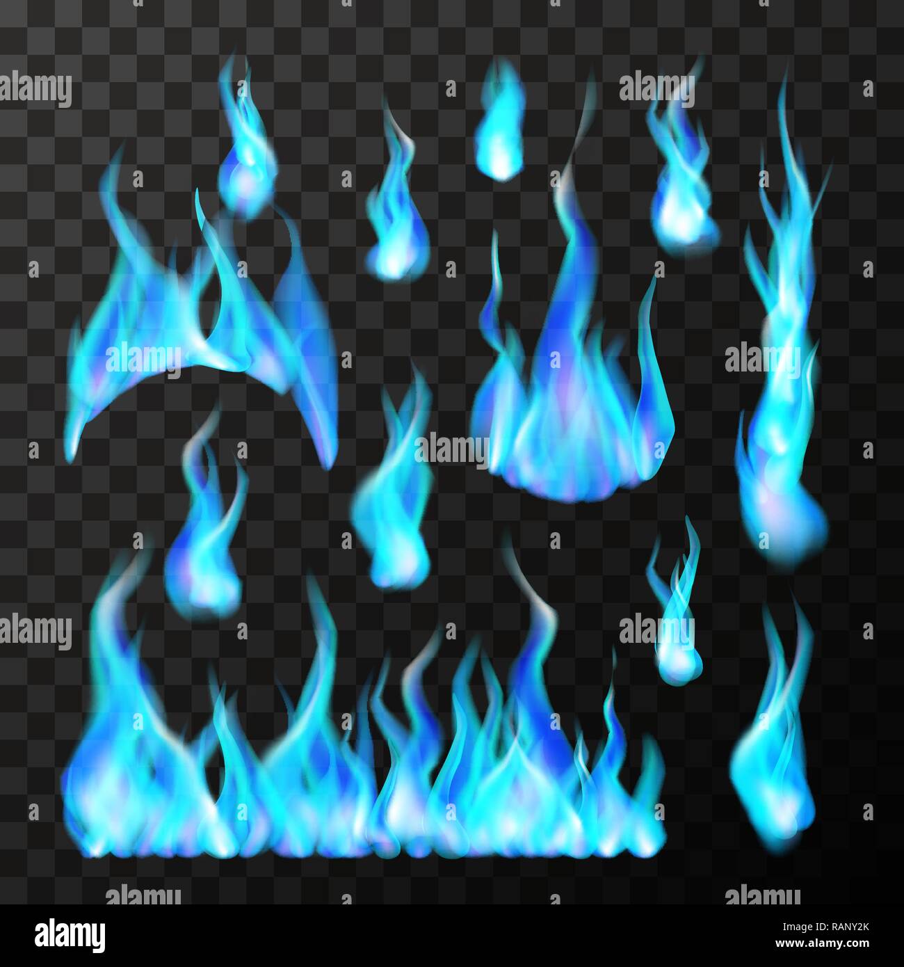 Set of bright different blue gas fire flames on transparent Stock ...