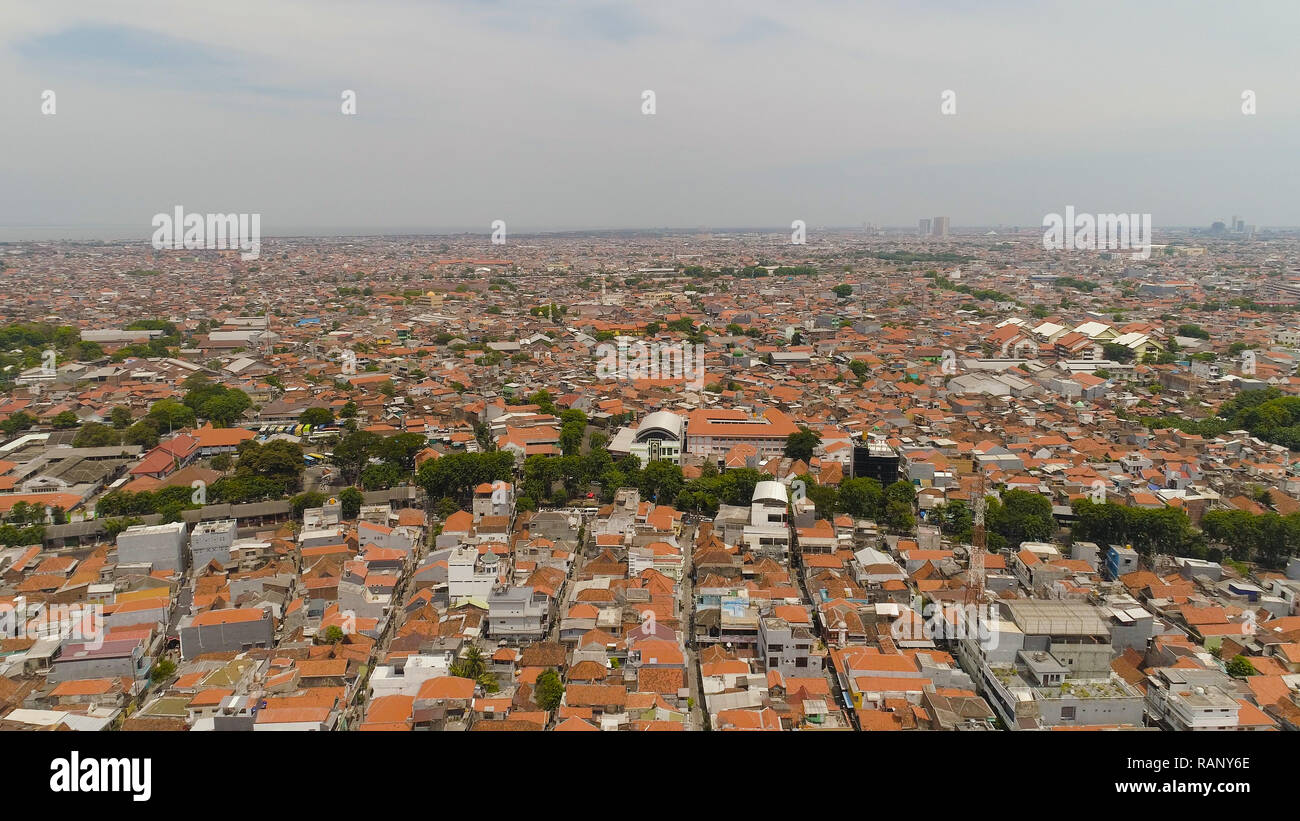 Aerial cityscape densely built asian city Surabaya with buildings and ...