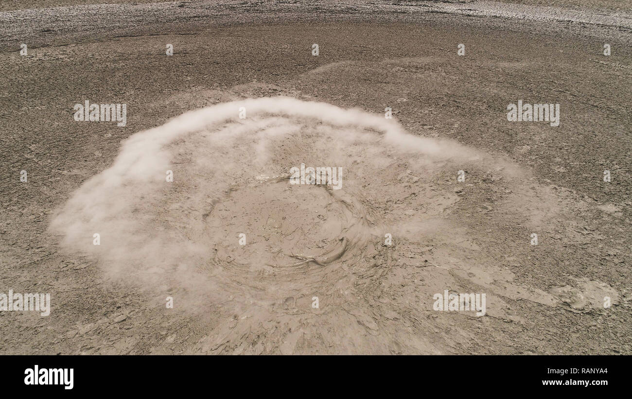 Mud volcano bledug kuwu. aerial view volcanic plateau with geothermal ...