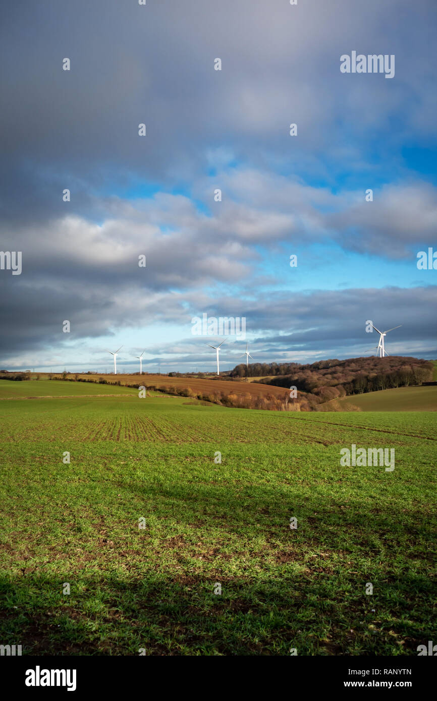 Winter view of the hills and countryside with wind turbines over Ulley ...