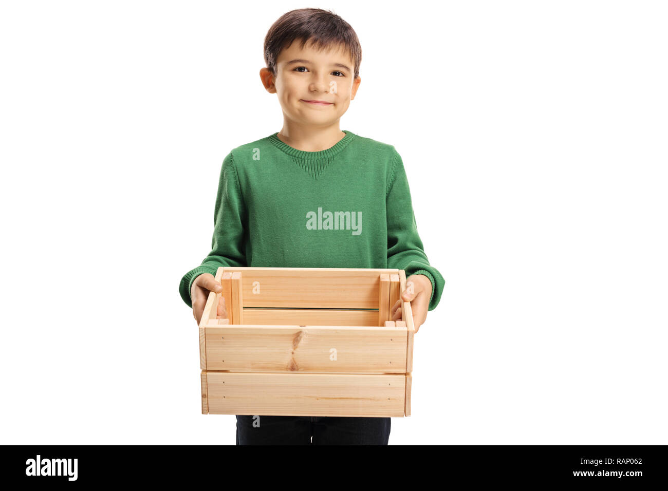 Cute little boy holding an empty wooden box isolated on white ...