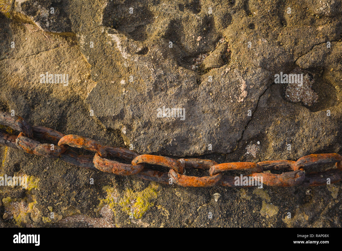 Old rusty chain underwater on sea bottom background. Horizontal color ...