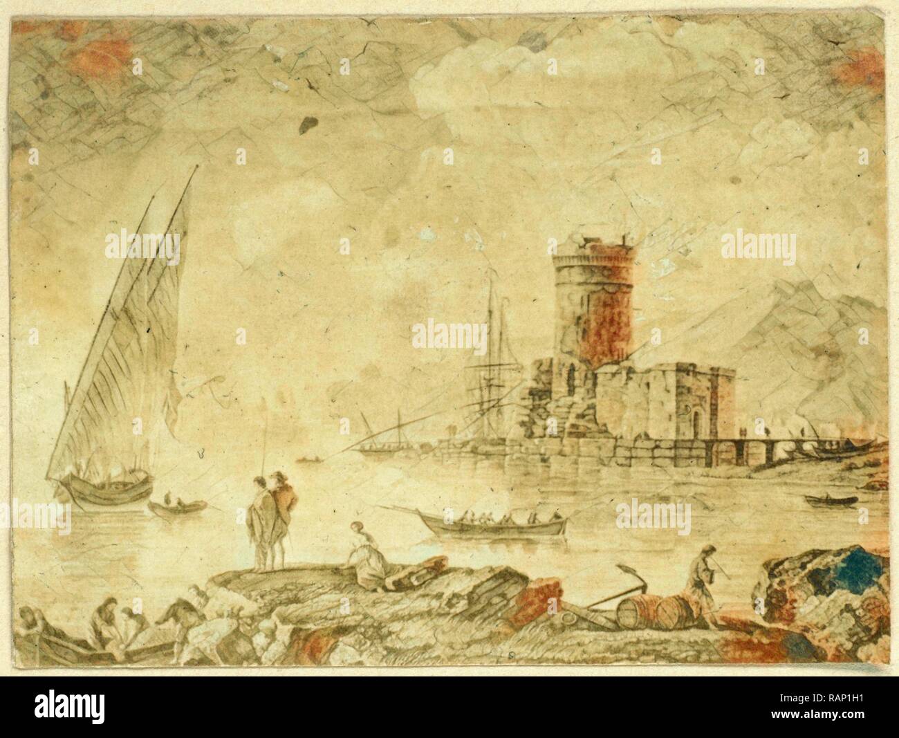 Drawing 'La mer calme 'with ship on calm water, Eduard Isaac Asser ...