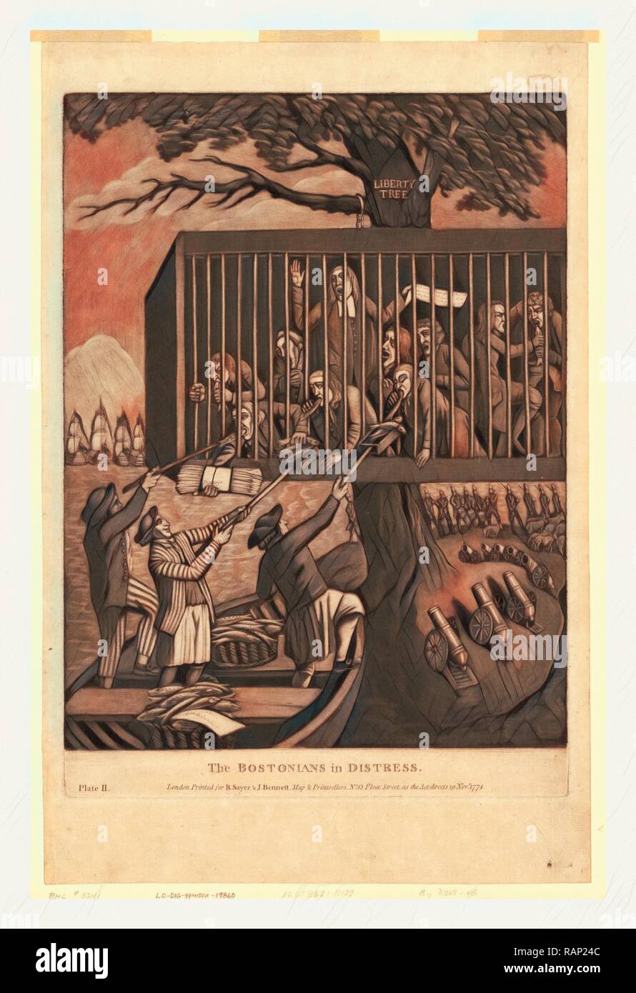 The Bostonians in distress, en sanguine engraving 1774, Bostonians held ...