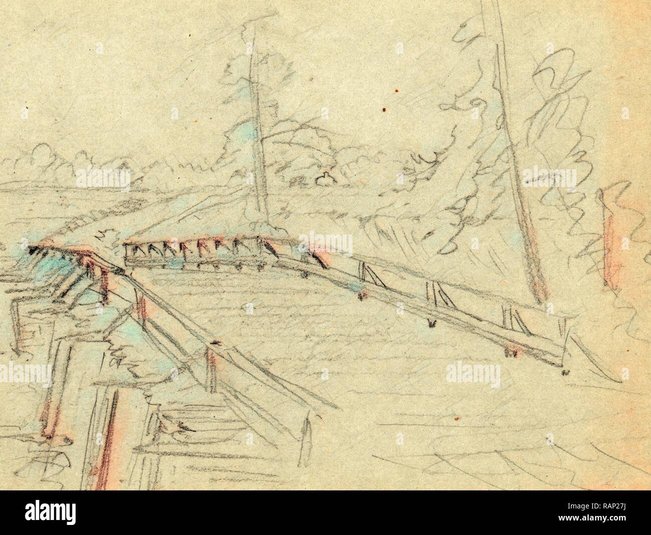 A bridge across a river, between 1860 and 1865, drawing on blue-grey ...