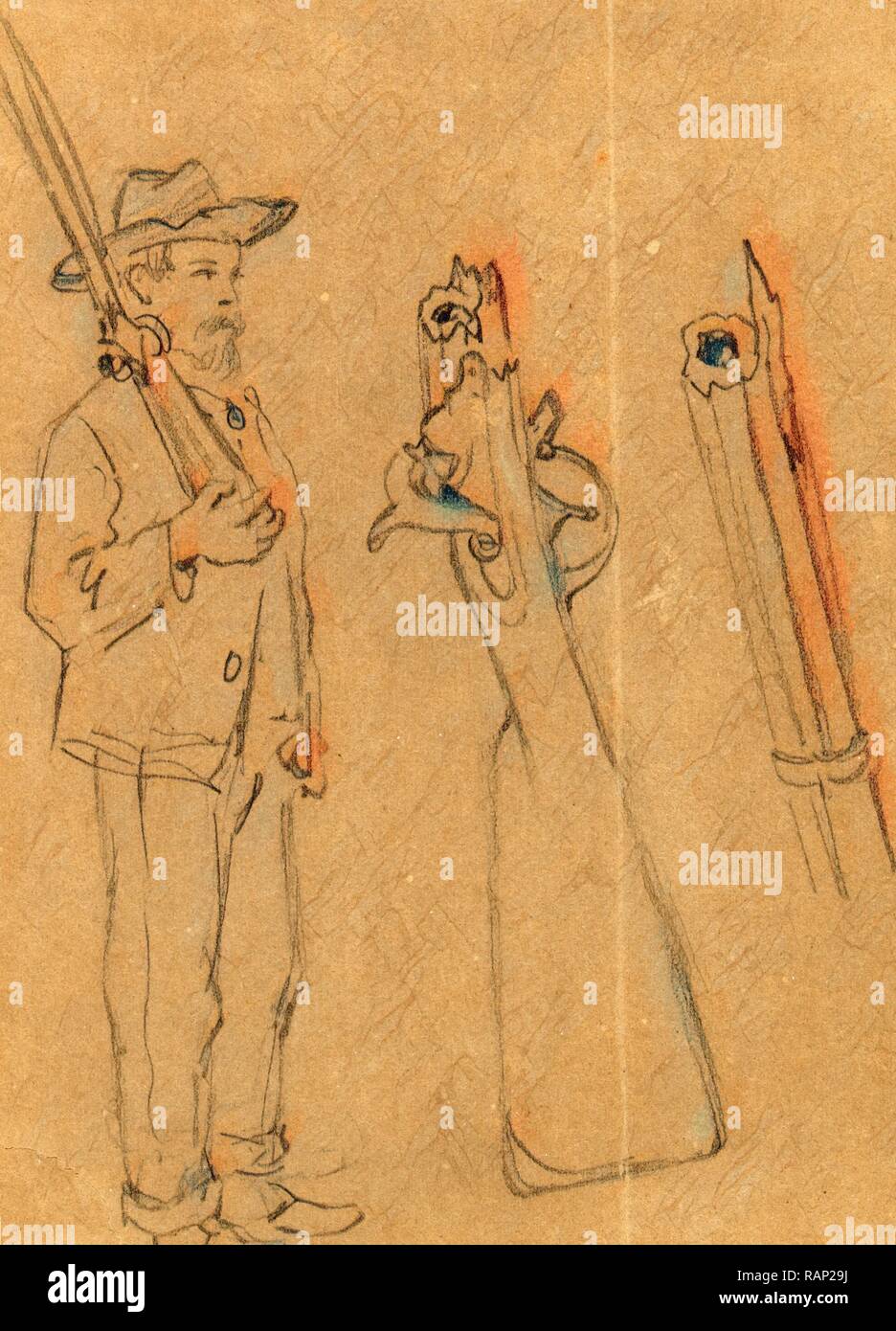 Full-length portrait of soldier with rifle and details of the weapon ...