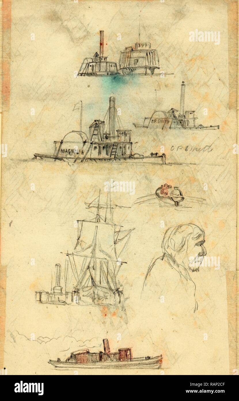 Broadside and bow views of eight ships and boats, and an unidentified ...