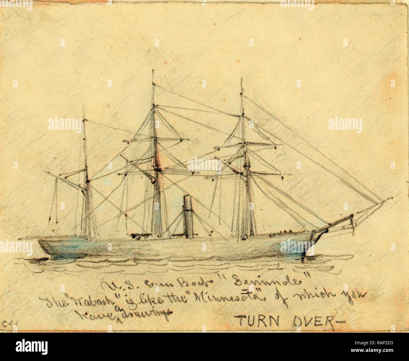 U.S. Gun Boat Seminole, between 1860 and 1865, drawing on cream paper ...