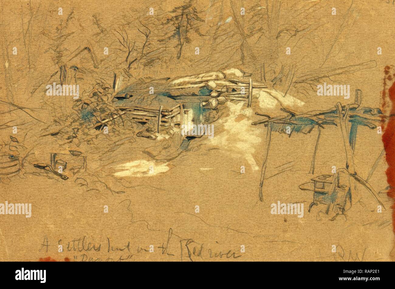 A settlers hut on the Red river, between ca. 1863 and 1864, drawing on ...