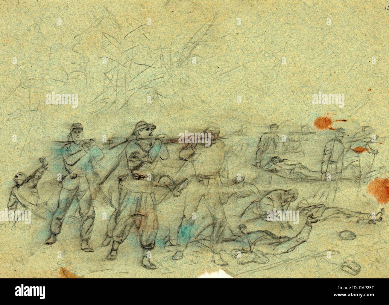 Wounded being carried away, 1864 May 6, drawing on olive paper pencil ...
