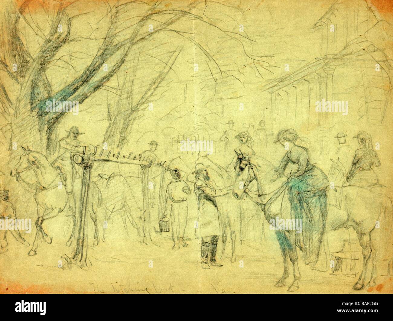 The hitching post, Va, between 1860 and 1865, drawing on olive paper ...