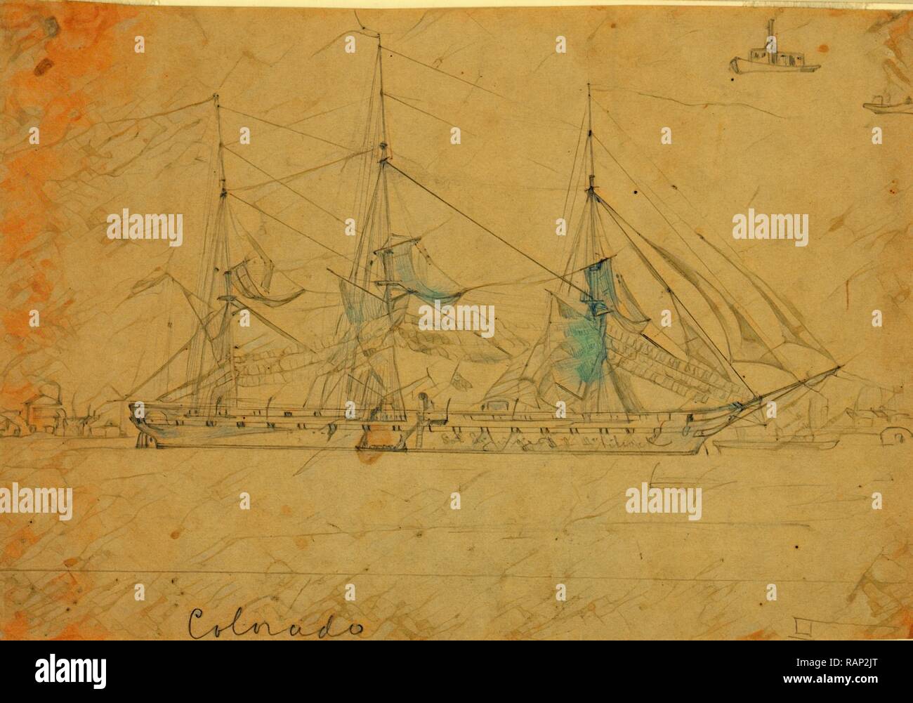 Colorado, Broadside view of ship, outline of port in background, 1860 ...