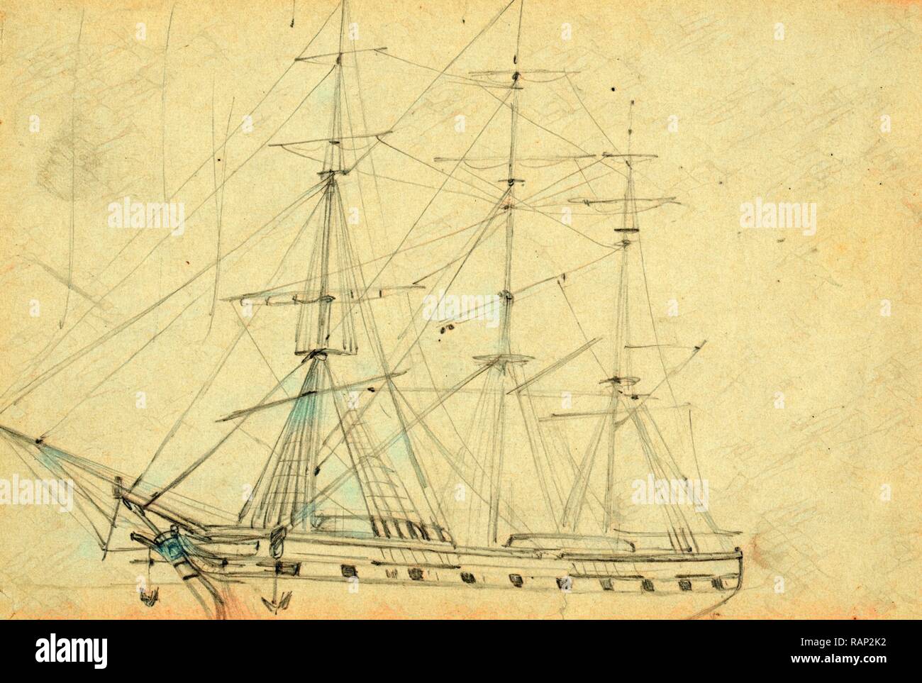 Sailing ship with three masts, 1860-1865, drawing, 1862-1865, by Alfred ...