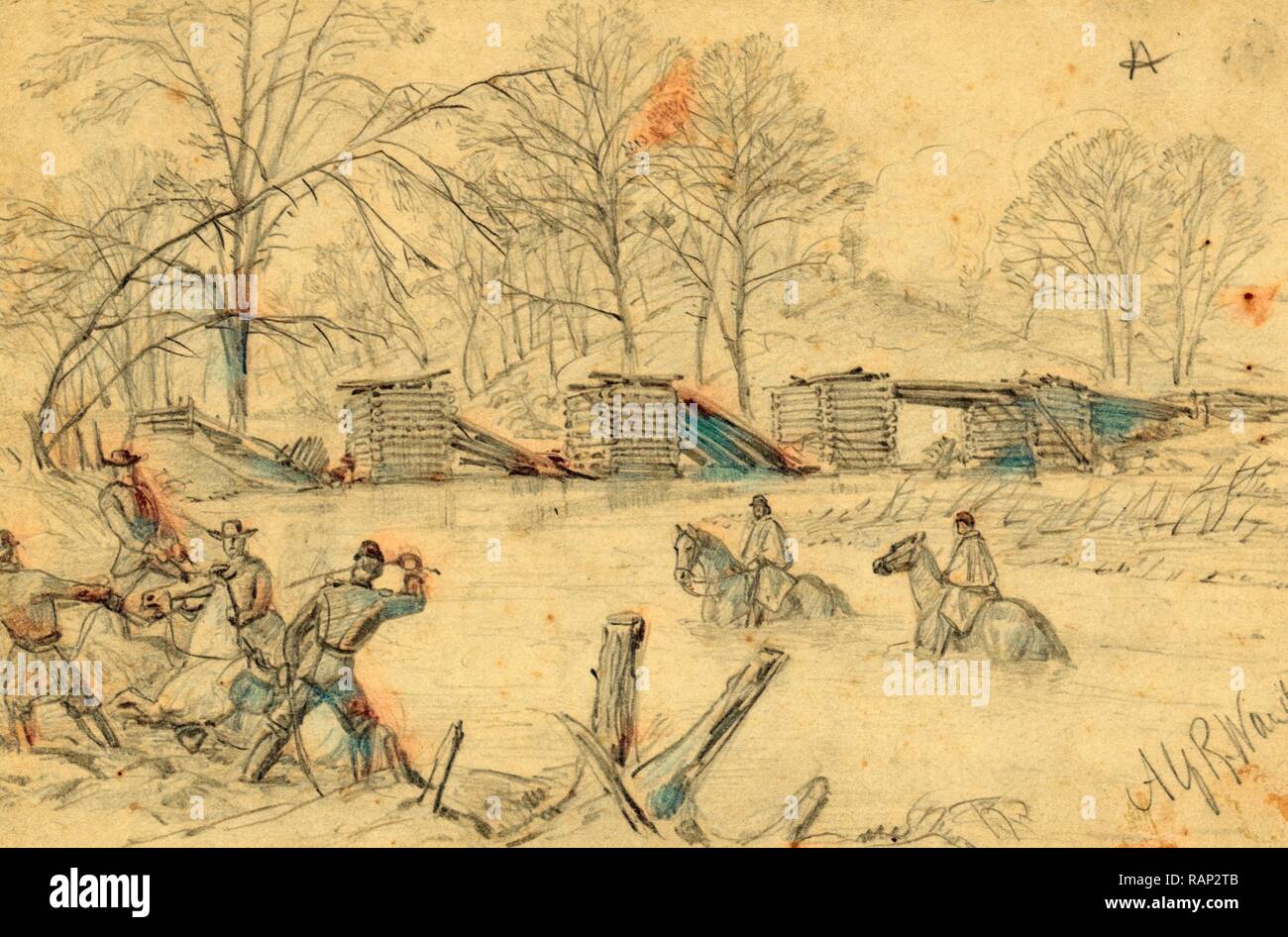 Soldiers on horseback crossing a river near a collapsed bridge, between ...