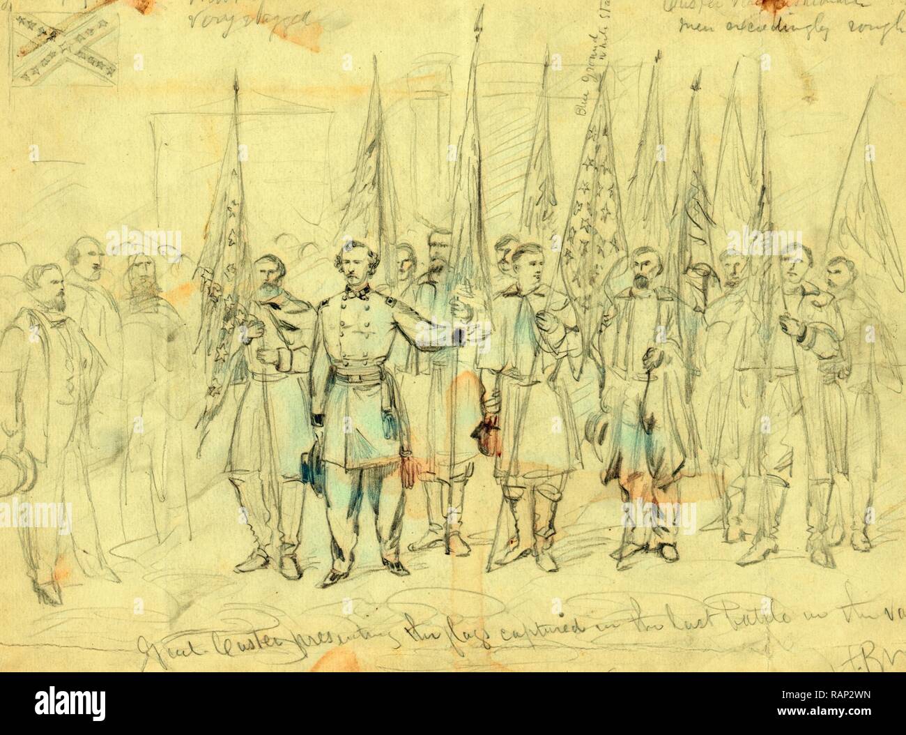 Genl. Custer presenting the flags captured in the last battle in the ...