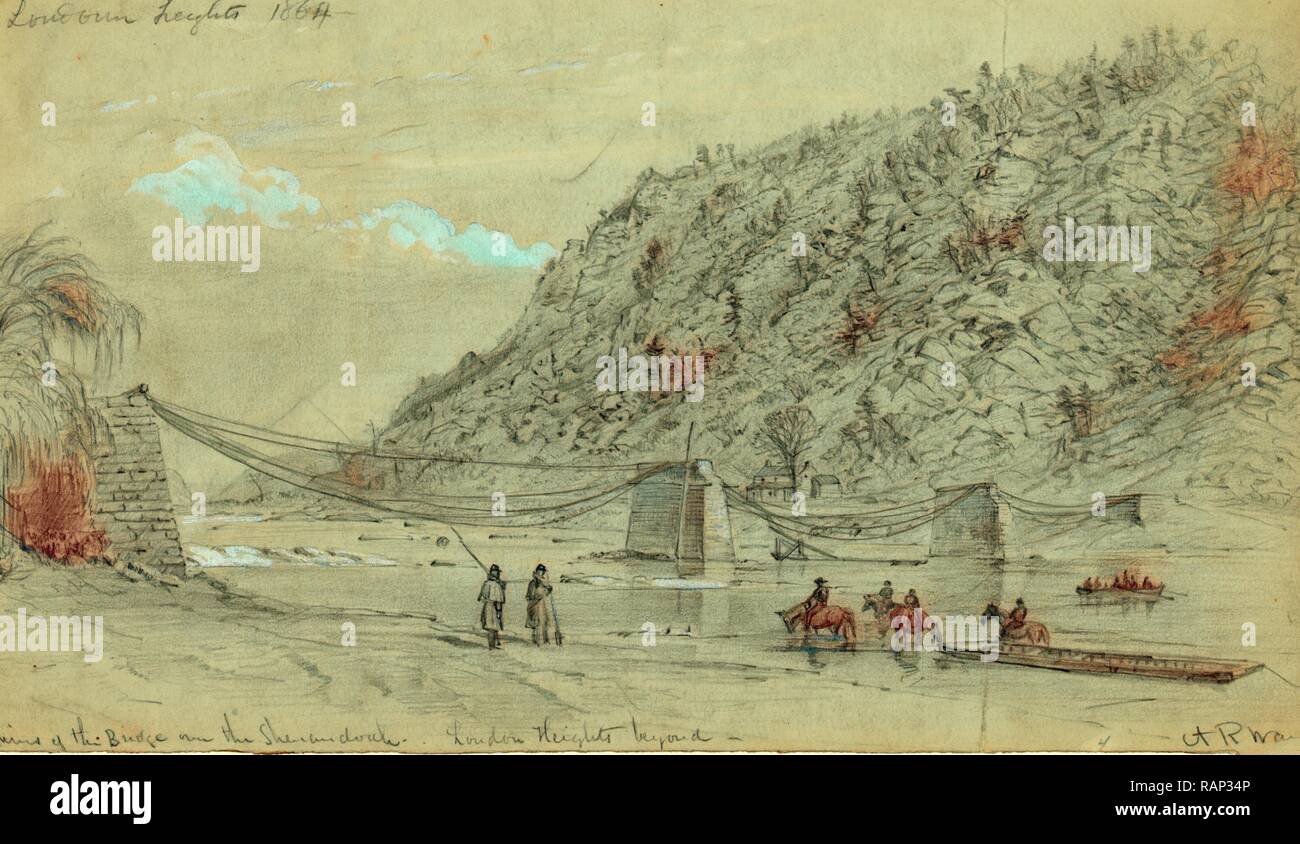 Ruins of the bridge over the Shenandoah, Loudon Heights beyond, drawing ...