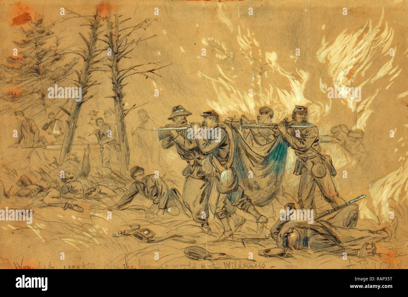 Wounded escaping from the burning woods of the Wilderness, drawing ...