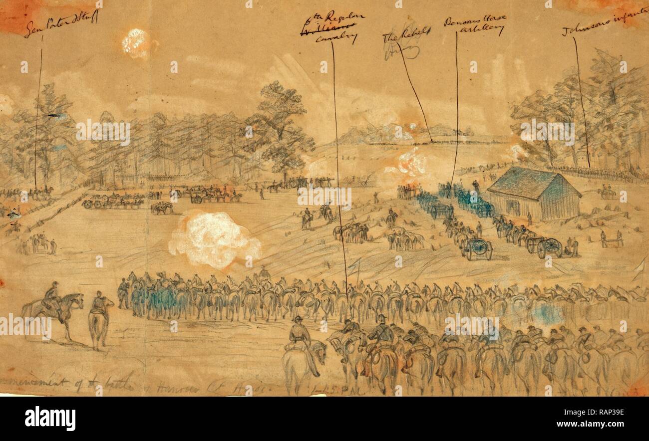 Commencement of the battle of Hanover Ct. House. 1:45 PM., drawing ...