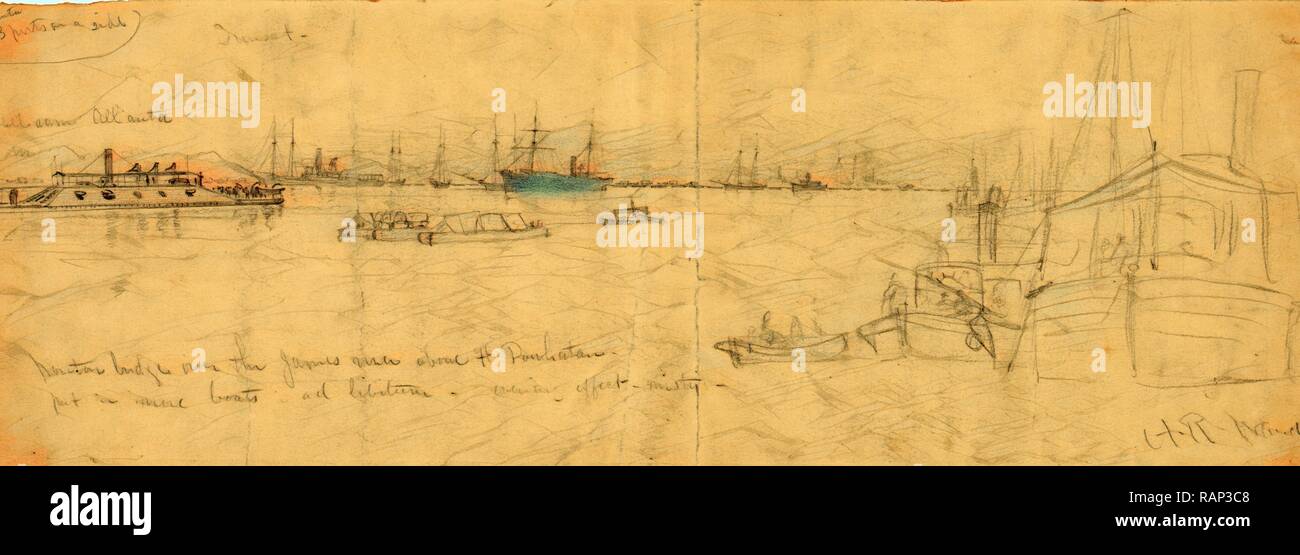Pontoon bridge over the James River above Ft. Powhatan, drawing, 1862 ...