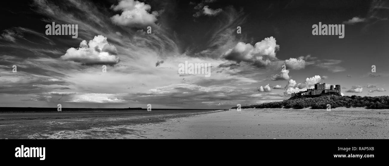 Bamburgh Castle, Northumberland, Black & White Panorama with beach in ...