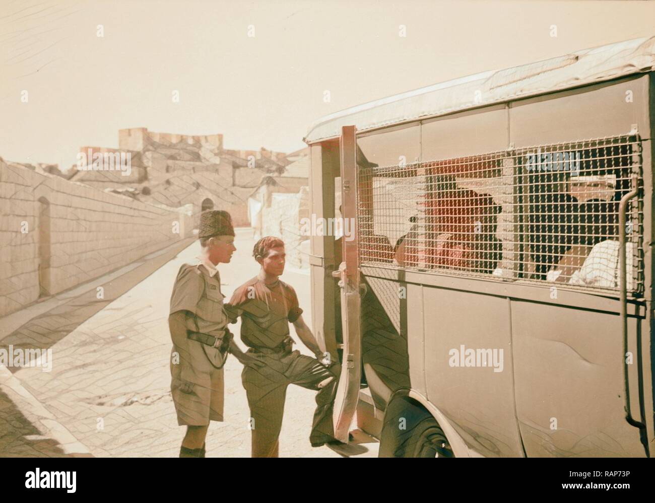 Caged-in Jerusalem bus 1938, Israel. Reimagined by Gibon. Classic art ...