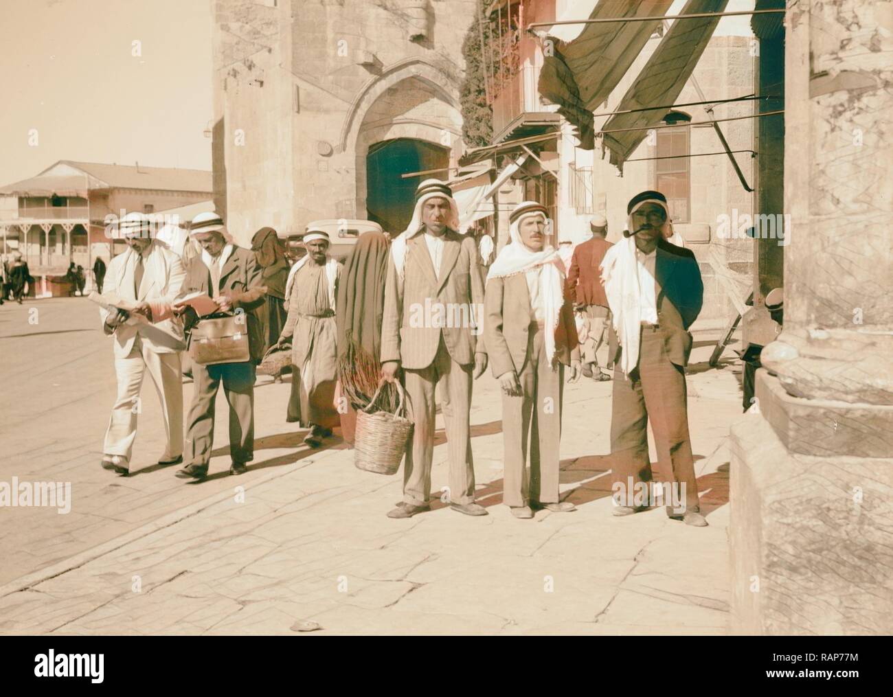 Scene inside Jaffa Gate showing city men with Bedouin headgear. 1934 ...