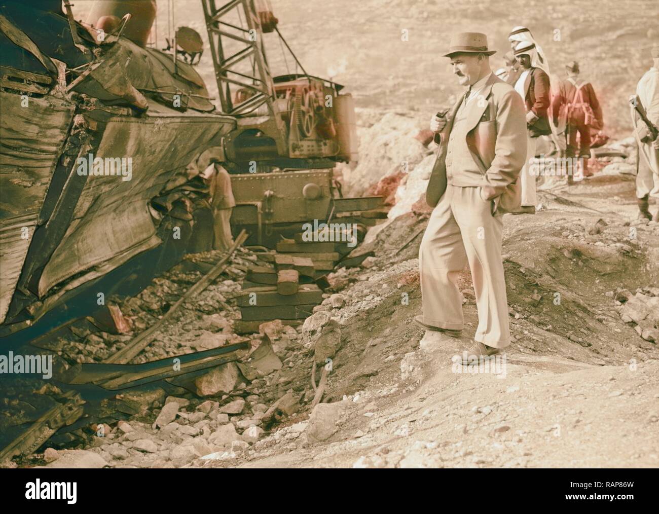 G.O.C. visits overturned locomotive on the Jerusalem Lydda Railroad ...