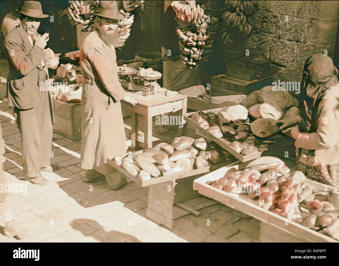 Jewish market in Mea Shearim, bread stands. 1934, Jerusalem, Israel ...