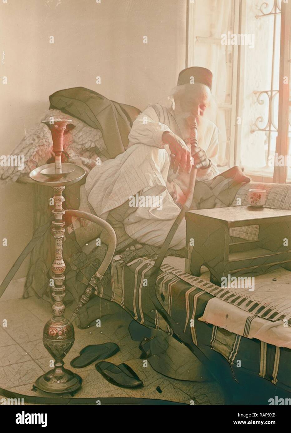 Rabbi Avram at home with nargeli, nargile 1934, Middle East, Israel ...