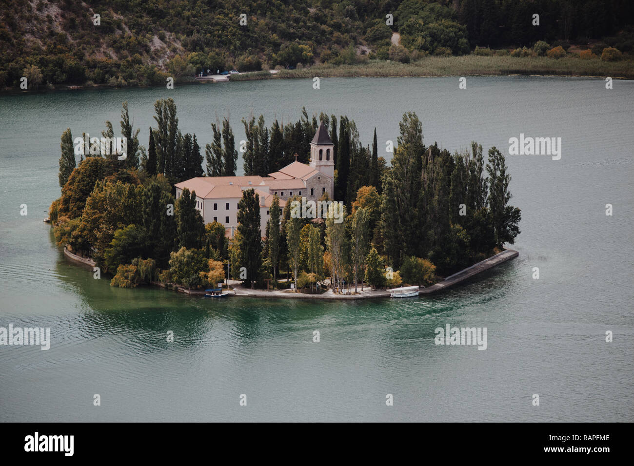 Island of Visovac monastery in Krka national park, Croatia Stock Photo ...