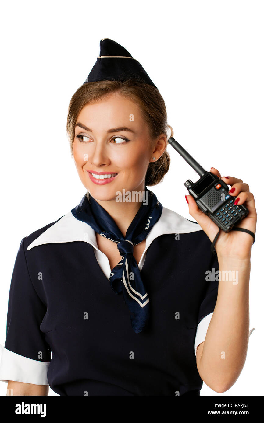 Beautiful smiling stewardess with cb radio, isolated on a white ...