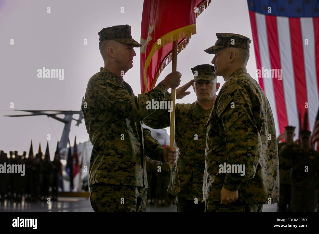 Col. Robert Morgan receives Marine Aircraft Group 29’s colors from Col ...