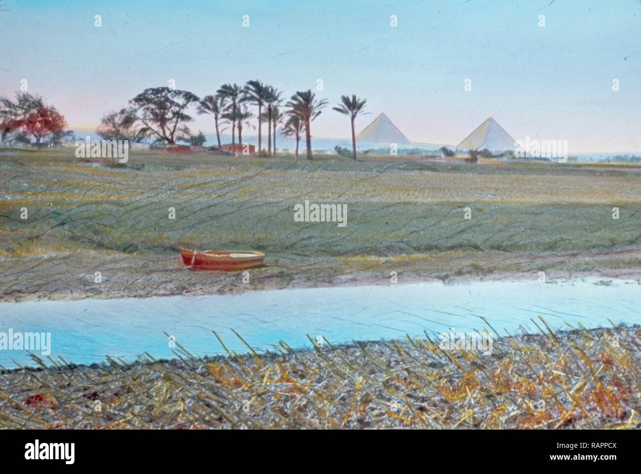 Pyramids. The land of Goshen with pyramids in the distance. 1950, Egypt ...