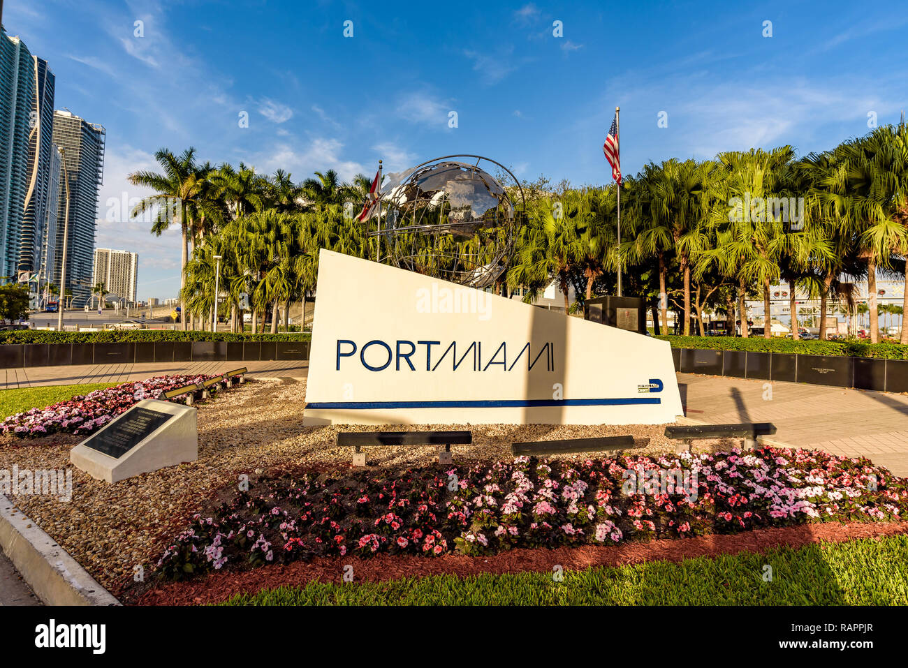 Sign and entrance of PortMiami, major seaport located in Biscayne Bay ...