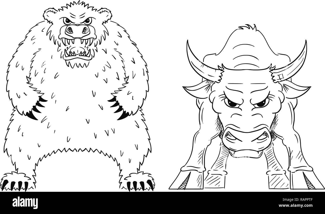 Cartoon Drawing of Bull and Bear as Rising and Falling Market Prices ...