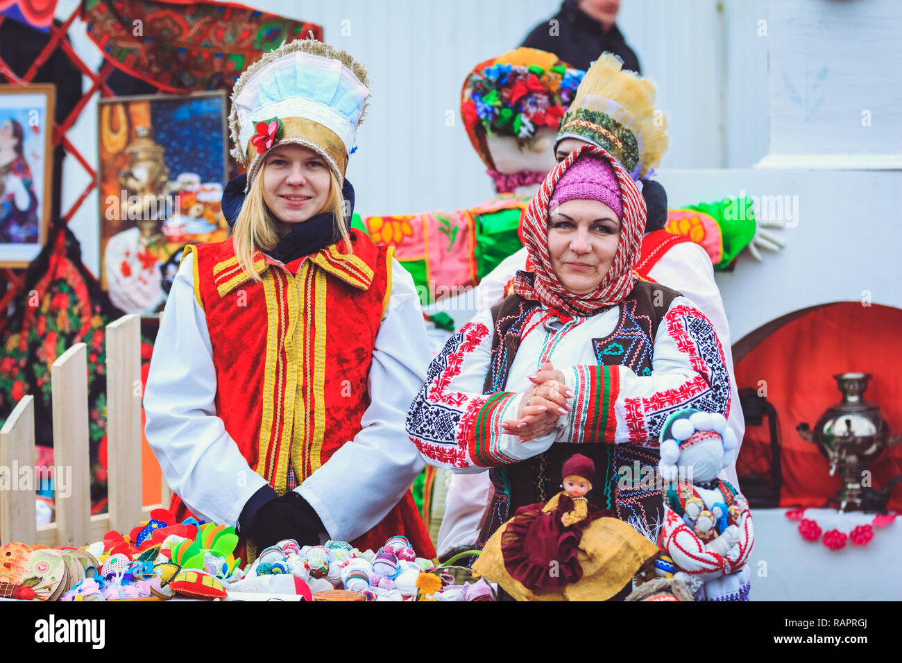 Gomel, Belarus - February 18, 2018: Sellers in national costumes of ...